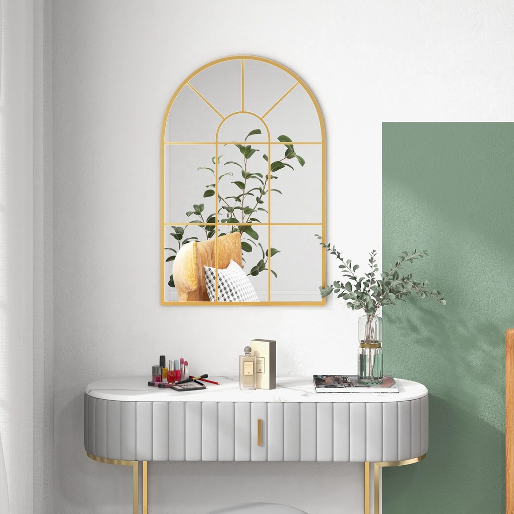 HOMCOM nástěnné zrcadlo okenní zrcadlo 91 x 60 cm dekorativní s kovovým rámem závěsné zrcadlo do obývacího pokoje ložnice ve zlaté barvě