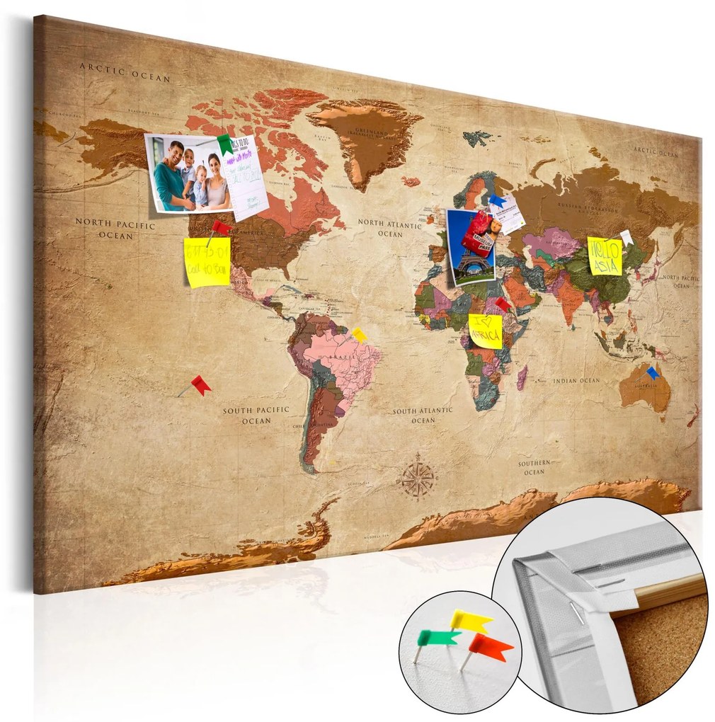 Obraz na korku - Mapa světa: Hnědá elegance 120x80