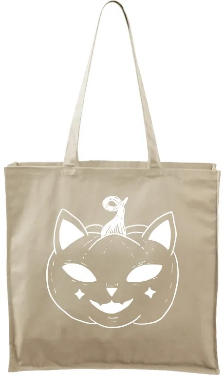 Ručně malovaná větší plátěná taška - Halloween kočka - Dýně Barva tašky: PŘÍRODNÍ, Barva motivu: BÍLÁ