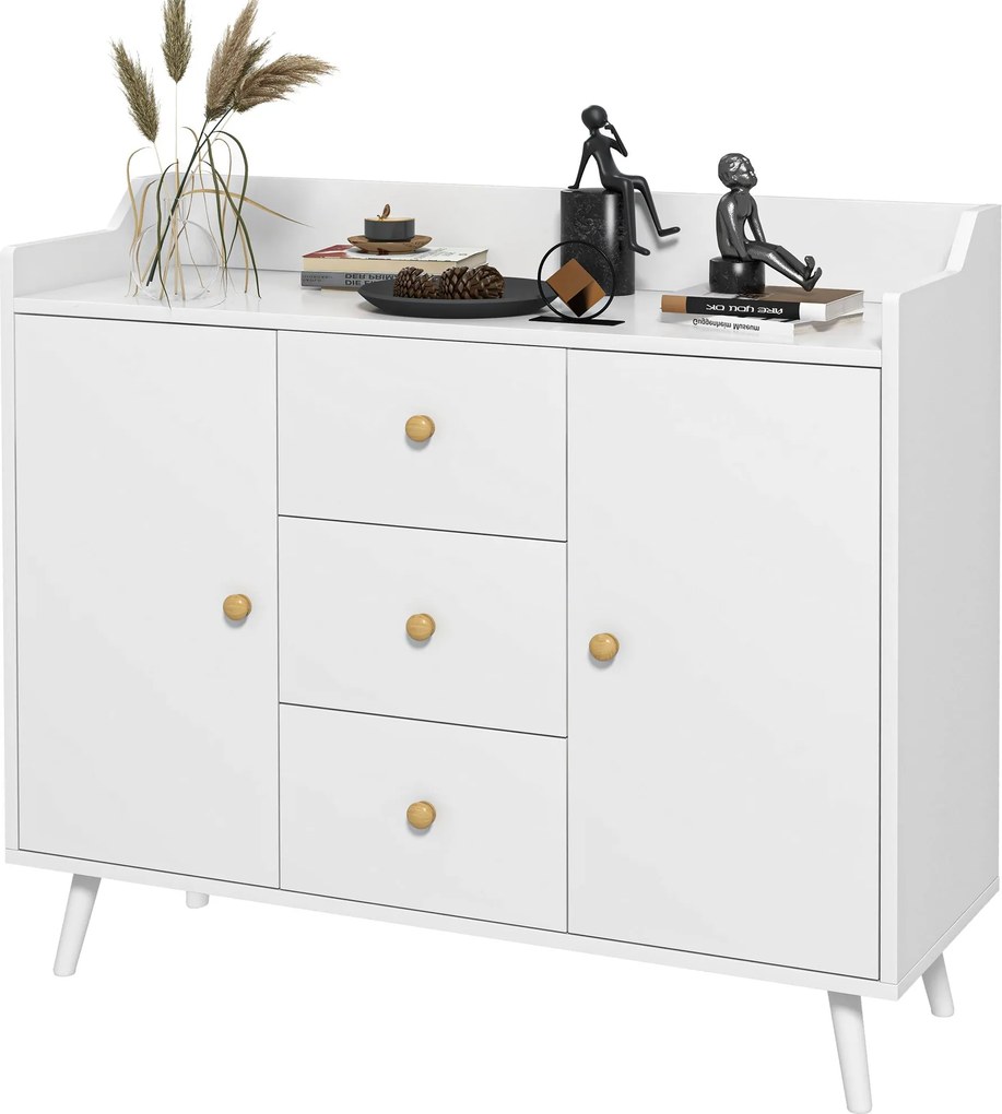 HOMCOM Moderní Komoda do Obývacího Pokoje s 2 Dveřmi a 3 Zásuvkami a Nohy z Borovicového Dřeva pro Jídelnu, Chodbu, Ložnici 90x32x80 cm Bílá | Aosom