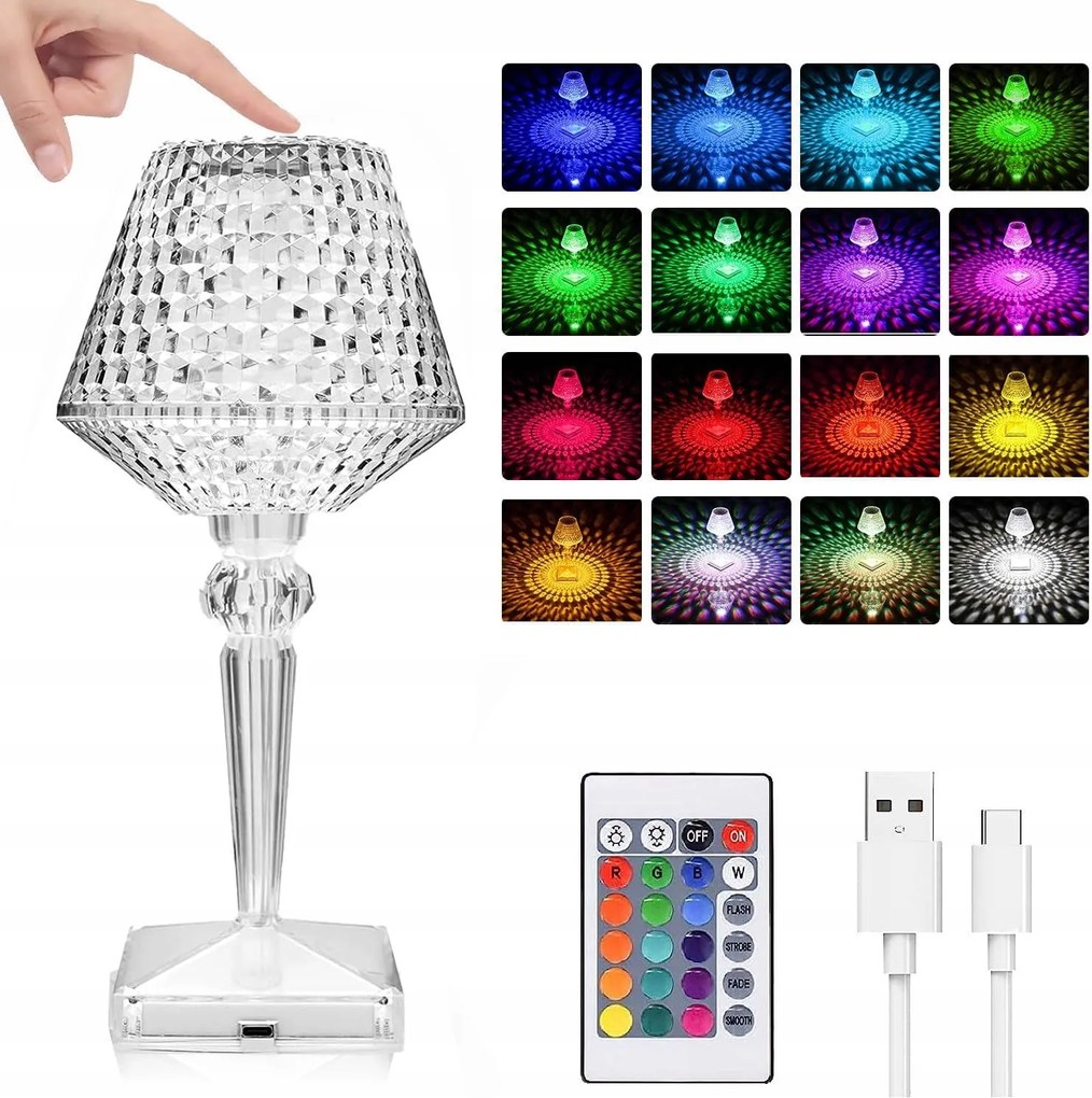 Křišťálová Led lampa Rgb 16 barev Dotyk Dálkový Ovladač Noční