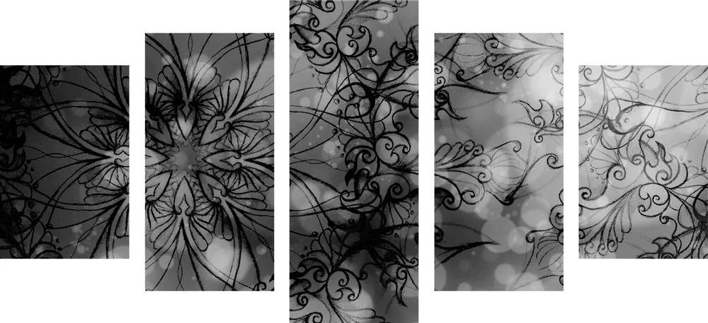 5-dílný obraz květinová Mandala v černobílém provedení - 200x100 cm
