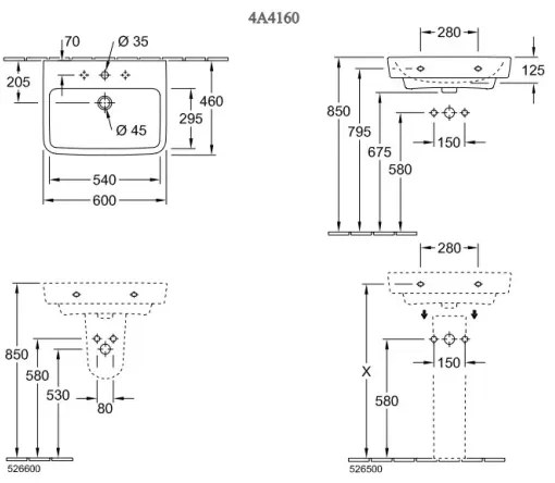 Villeroy & Boch 4A416001 - Závěsné umyvadlo O.NOVO 60x46 cm keramika/bílá