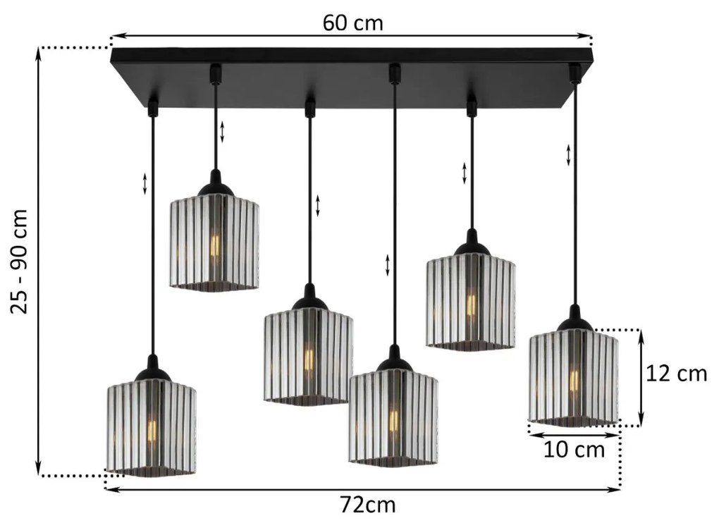 Závěsné svítidlo Riffle Square, 6x grafitové skleněné stínítko, b