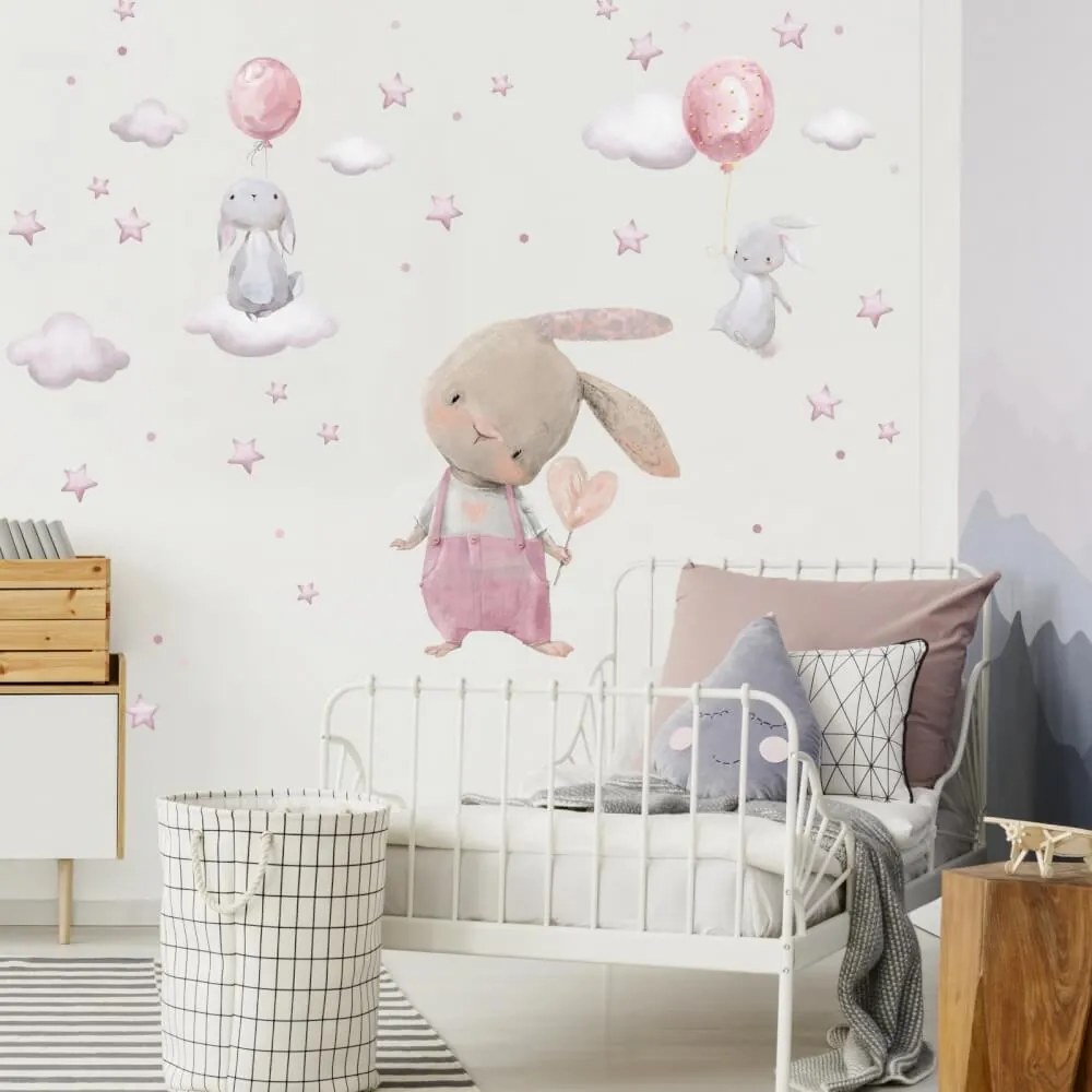 Samolepka na zeď - Akvarelový zajíček a malé zajíčky s balony