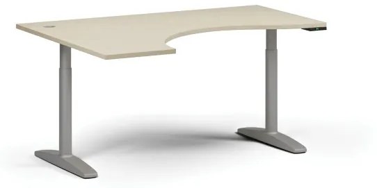 Výškově nastavitelný stůl OBOL, elektrický, 675-1325 mm, ergonomický levý, deska 1600x1200 mm, šedá zaoblená podnož, bříza