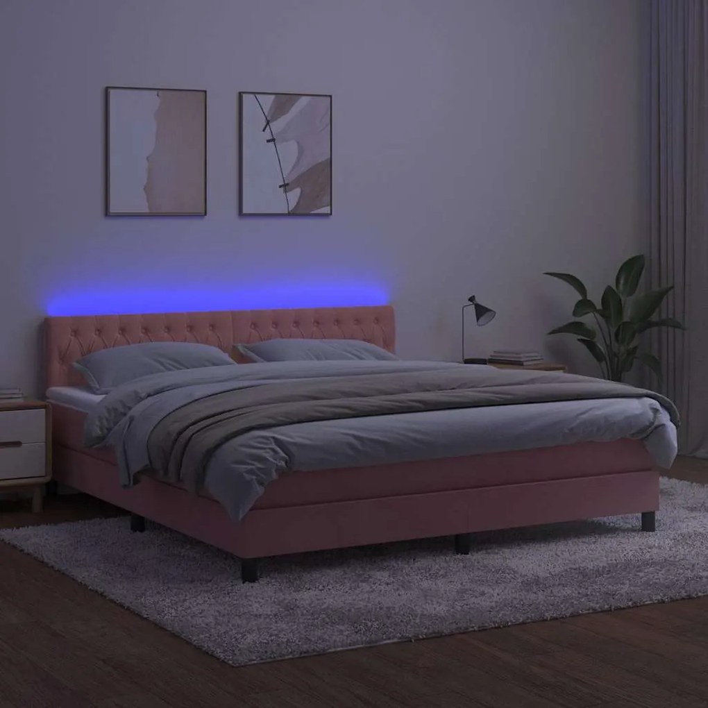 Box spring postel s matrací a LED růžová 180x200 cm samet 3134602