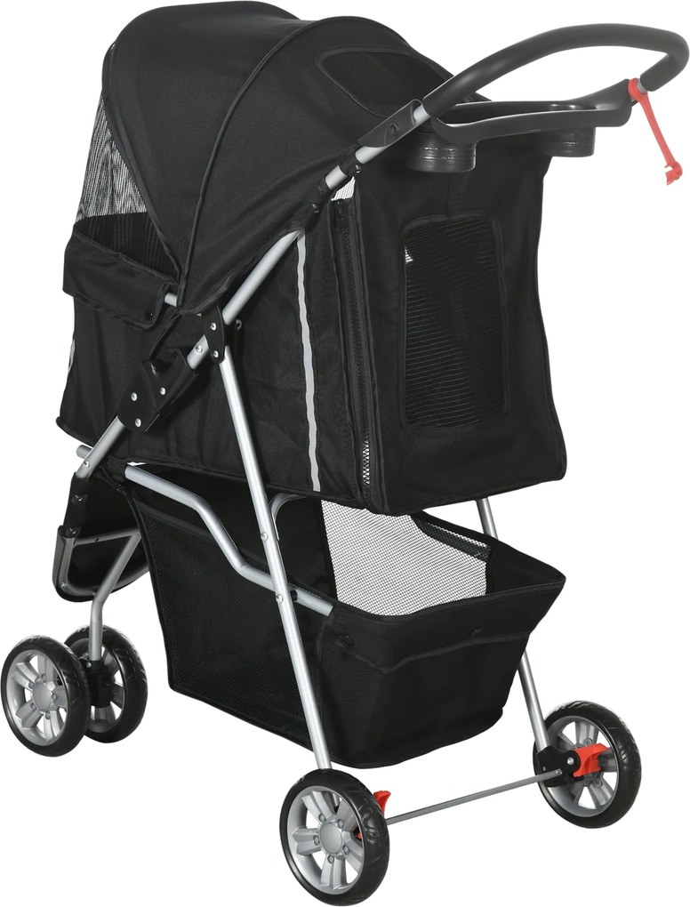 Skládací kočárek PawHut pro psy - kočárek pro malé psy s úložným košíkem, síťovými okny a 2 univerzálními koly, nosnost 15 kg, rozměry 75x45x97 cm, č…