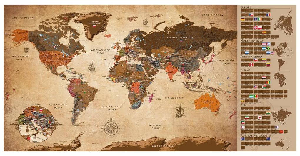 Hnědá stírací mapa světa + kovové škrabací pero a samolepky ZDARMA Velikost (šířka x výška): 100 x 50 cm anglická verze