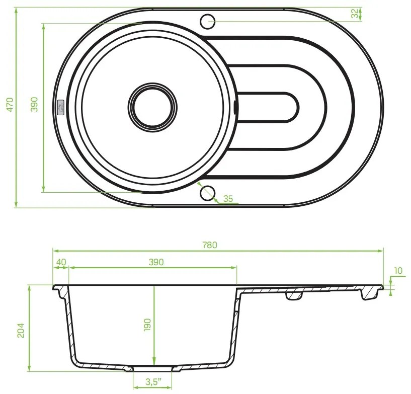 Laveo Dafne, 1-komorový granitový dřez 780x470x204 mm, šedá, LAV-SBD_581T