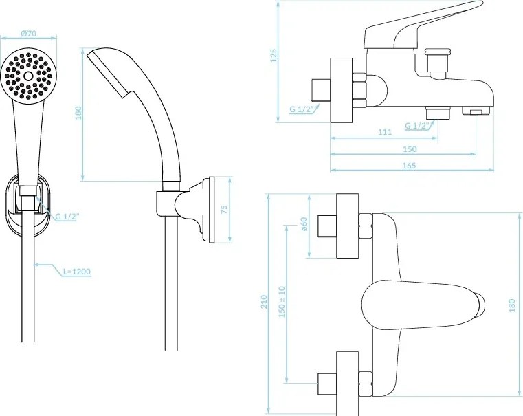Kuchinox Oris, nástěnná vanová baterie s ruční sprchovou soupravou, chromová, LAV-BQO_011D