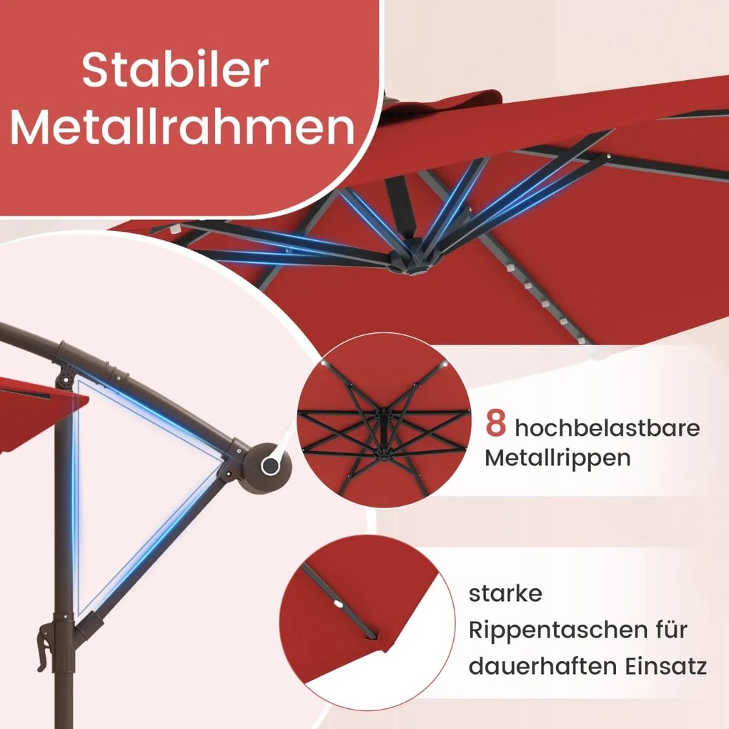 Costway Ø 300 cm konzolový deštník se 40 solárními LED světly a pytli – červený