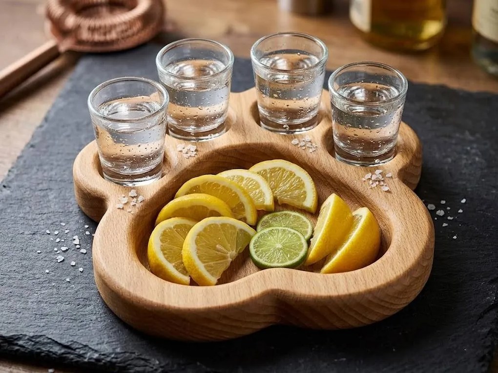 AMADEA Dřevěná miska "medvědí tlapka" se 4 panáky, masivní dřevo, velikost 18 cm