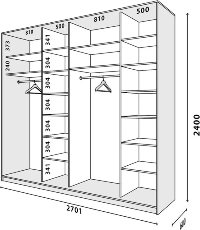 Skříň 4D 2700x600x2400, 3 DTD + 1 zrcadlo, bílá