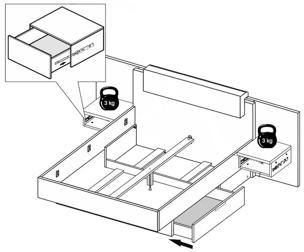 Expedo Manželská postel DOTA + rošt a deska s nočními stolky, 180x200, dub Kraft/šedá