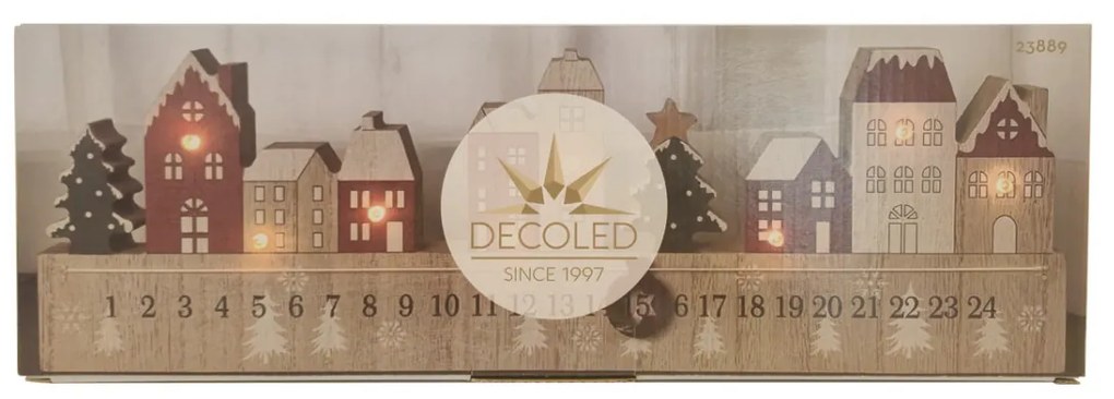 LED adventní kalendář, posuvný den, 38 × 12 × 2,7 cm, dřevěný, barevná, na 2× AAA