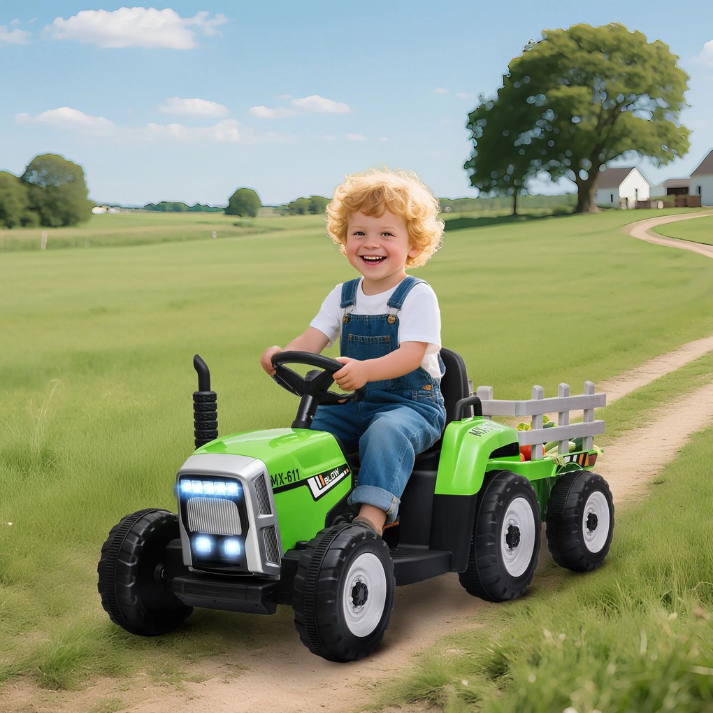 HOMCOM Elektrický traktor s přívěsem, dětské elektrické autíčko na dálkové ovládání, dětský traktor s funkcí MP3, světlomety
