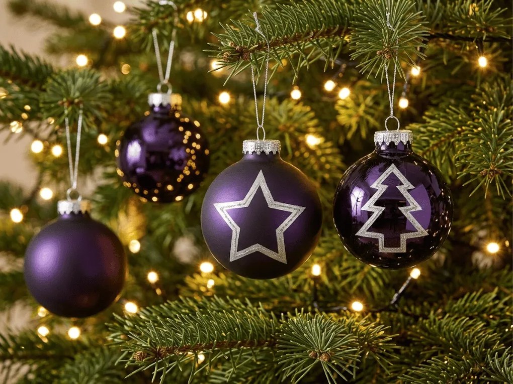 Sada 12 ks vánočních ozdob PURPLE JOY skleněné 7,5 cm, fialové