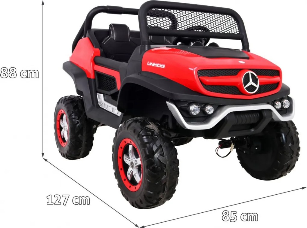 Ramiz Mercedes Benz Unimog elektrické autíčko pro děti červené + pohon 4x4 + dálkové ovládání + nosič zavazadel + pomalý start + MP3 + LED