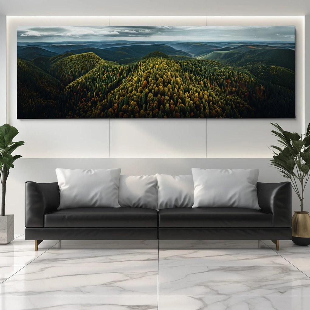 Obraz na plátně - Krajina s lesy, kam se podíváš FeelHappy.cz Velikost obrazu: 210 x 70 cm