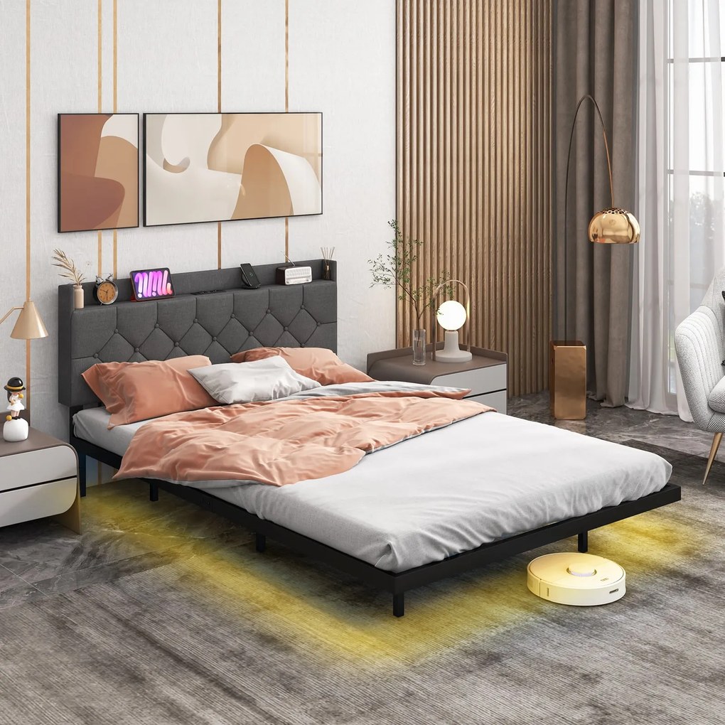 Costway Rám plovoucí postele s LED světly Moderní plošinová s nastavitelným