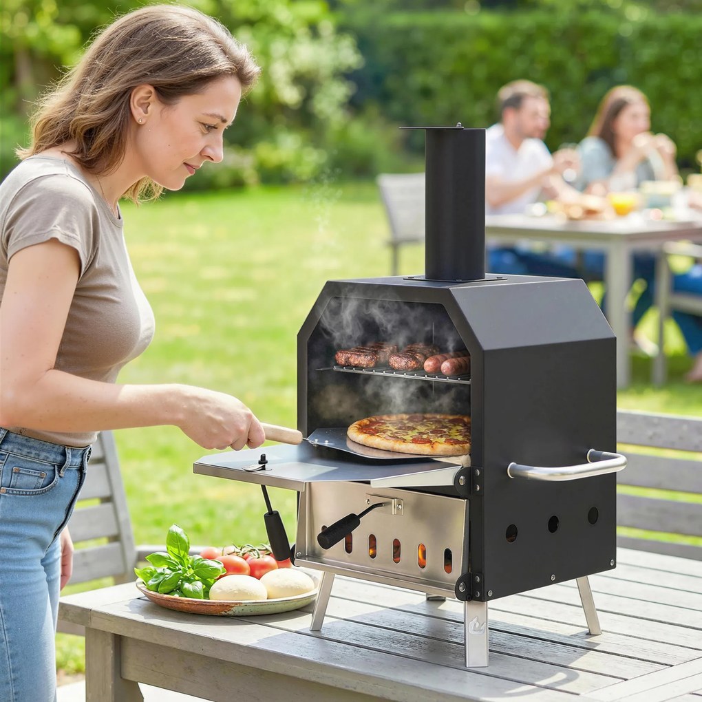 Outsunny venkovní pec na pizzu na dřevo, nerezová ocel, 2 úrovně, kámen Ø 30,5 cm (tl. 1 cm), skládací nohy a lopatka – přenosná pro kempování, zahra…
