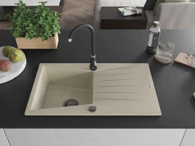 Mexen Cesar, granitový dřez 775x470x190 mm, 1-komorový, béžová s černým sifonem, 6514771010-69-B