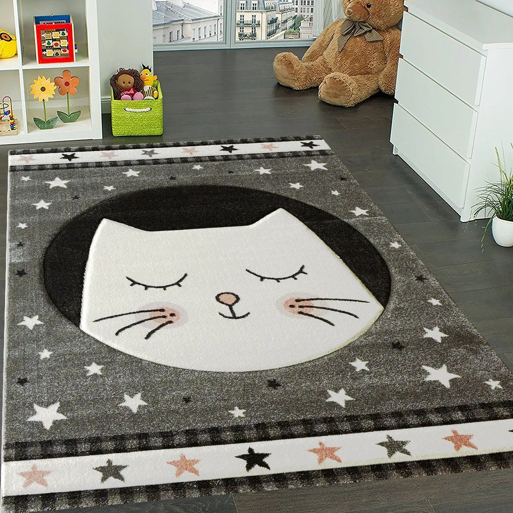 BE Dětský koberec Smart Kids 22412 GREY - šedý obdélníkový, kočička Rozměr: 140x190 cm