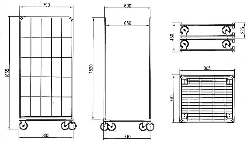 Rollkontejner, 4 police, 1665 x 710 x 805 mm