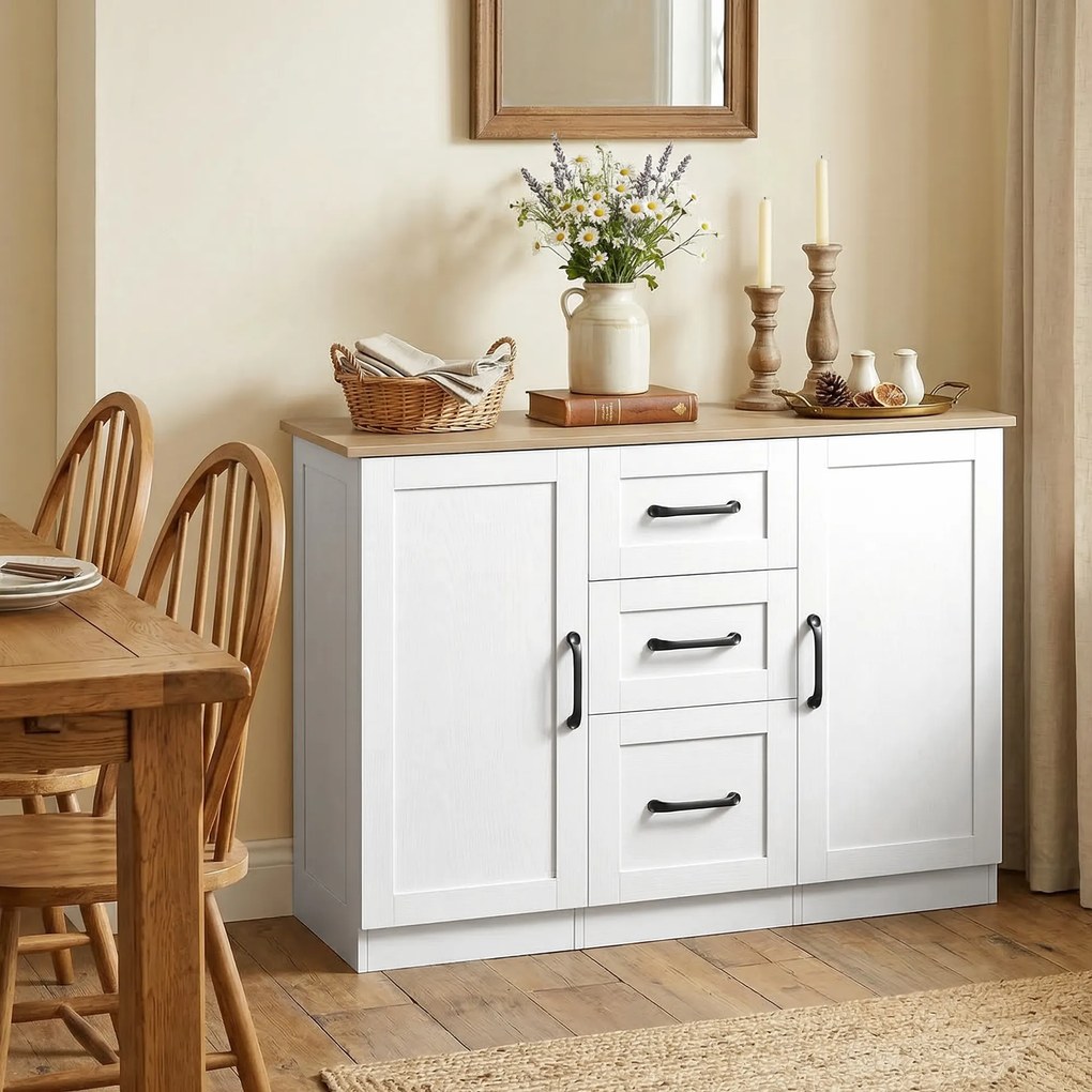 HOMCOM Komoda do obývacího pokoje, úložný nábytek se 2 dvířky s tichým dovíráním a 3 zásuvkami, 110x35x80,4 cm, bílá a přírodní dřevo