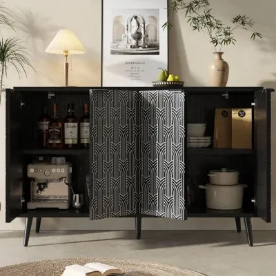 Aosom Jídelní skříňka s unikátními dvířky se vzorem rybí kosti, do obývacího pokoje a jídelny, 120 x 35 x 78 cm, černá