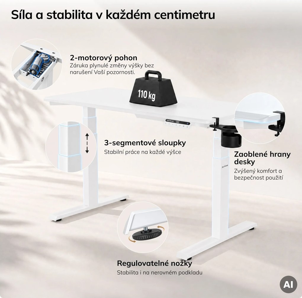 Elektrický stůl s nastavitelnou výškou ergonomický bílý,1200x600 mm: ARIA