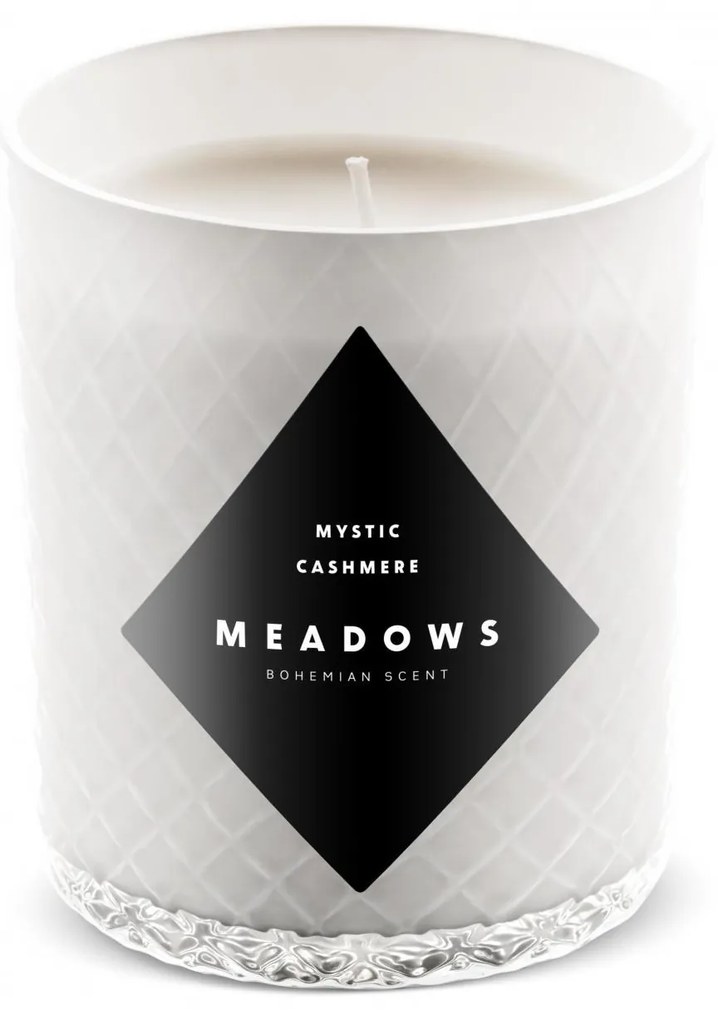 MEADOWS Luxusní vonná svíčka Mystic Cashmere, bílá barva, sklo