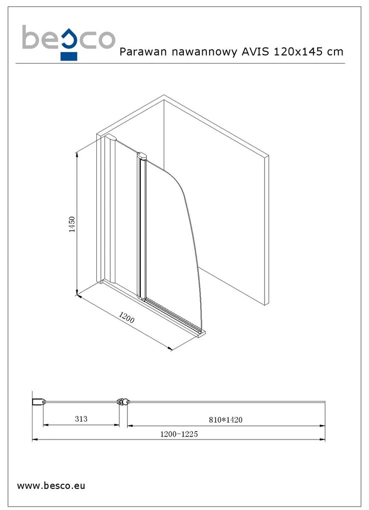 BESCO Vanová zástěna AVIS BARVA rámu - Chrom/Leštěný hliník (ALU), Rozměr A - 120 cm, Směr zavírání - Univerzální Levé / Pravé, Výplň - Čiré bezpečnostní sklo - 6 mm - BCAVIS120CC