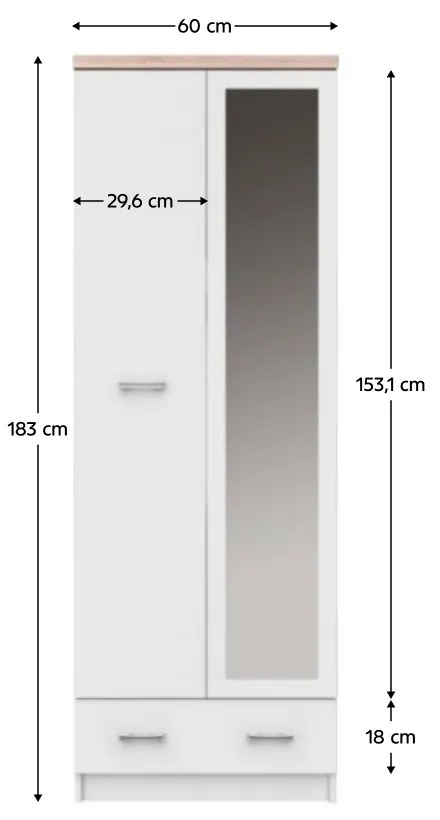 Skříň se zrcadlem 2D1S/60, bíla/dub sonoma, TOPTY TYP 37