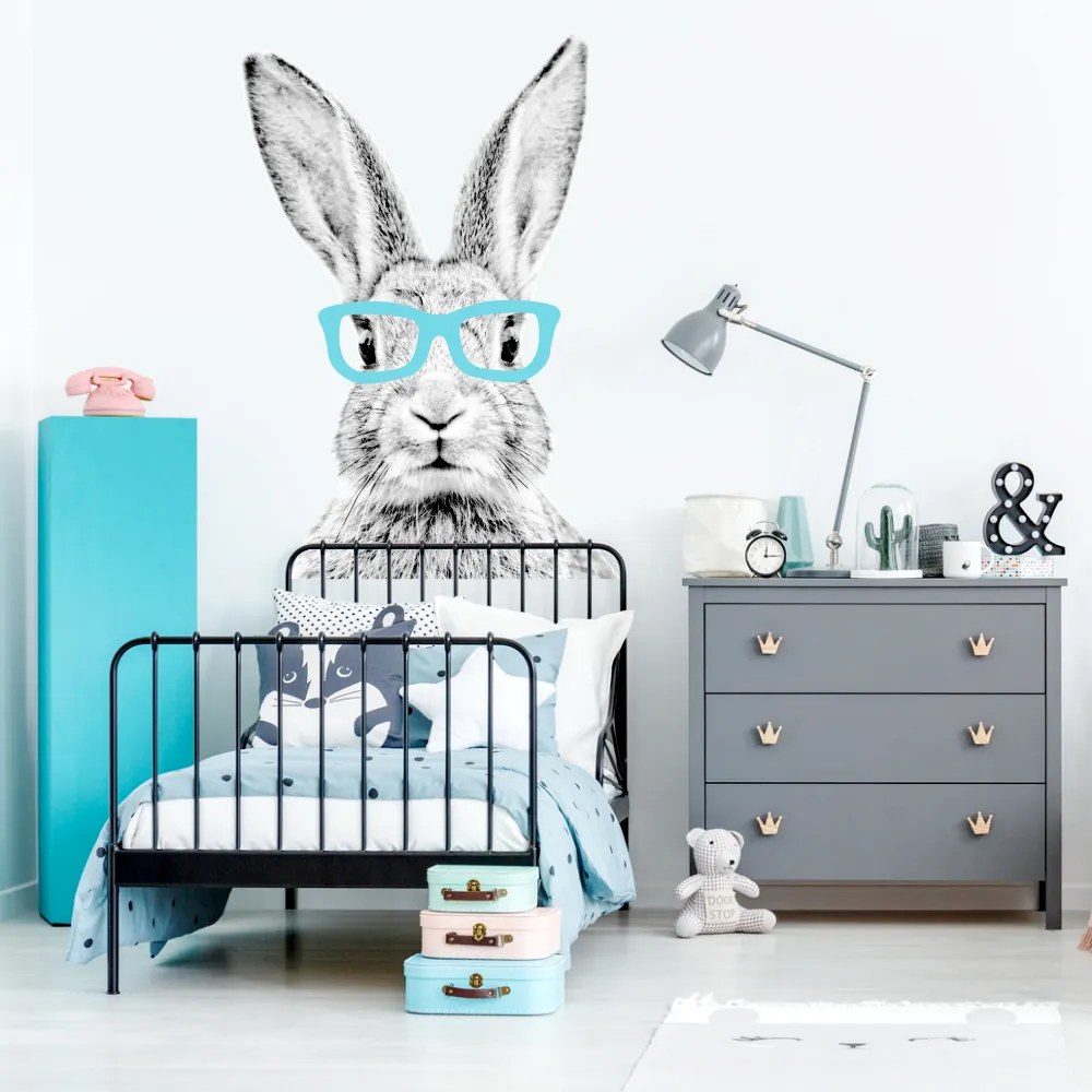 Samolepka na zeď - králík v brýlích Velikost: XXL, laminát: matný, Barva doplňku: tyrkysová