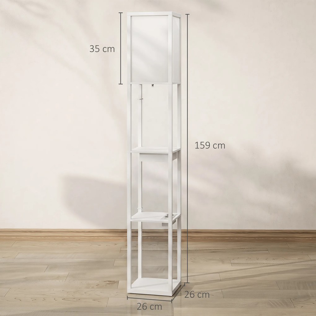 HOMCOM Stojací lampa s 3stupňovou policí, nožní spínač, USB porty, MDF, bílá