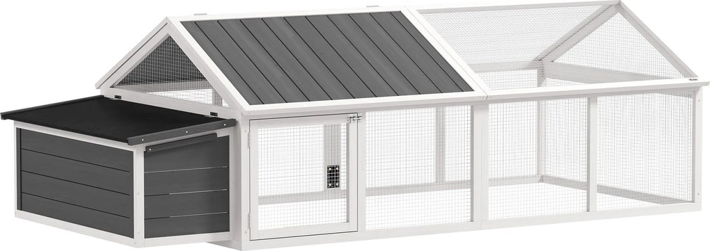PawHut Dřevěný Kurník 240x112,5x76 cm s Otevírací Střechou, Zámky a Hnízdní Krabicí pro Slepičky, Králíky, Kachny – Bílá a Šedá | Aosom