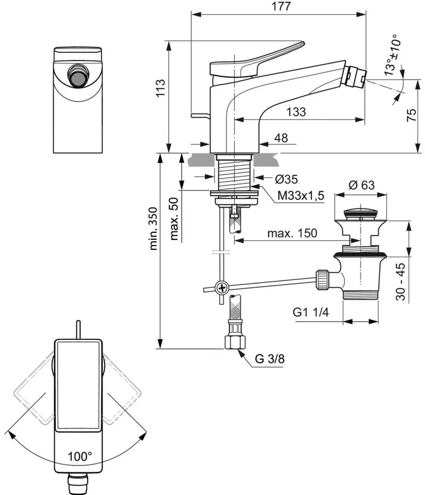 Ideal Standard Conca - Bidetová baterie s odtokovou garniturou, magnetově šedá BC760A5