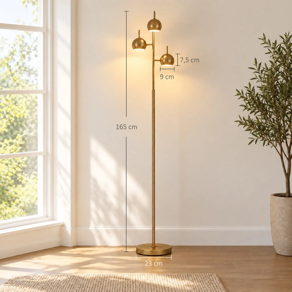 HOMCOM Stojací lampa 350° nastavitelná pro obývací pokoj a kancelář, stojací lampa se 3 stínidly z oceli, zlatá