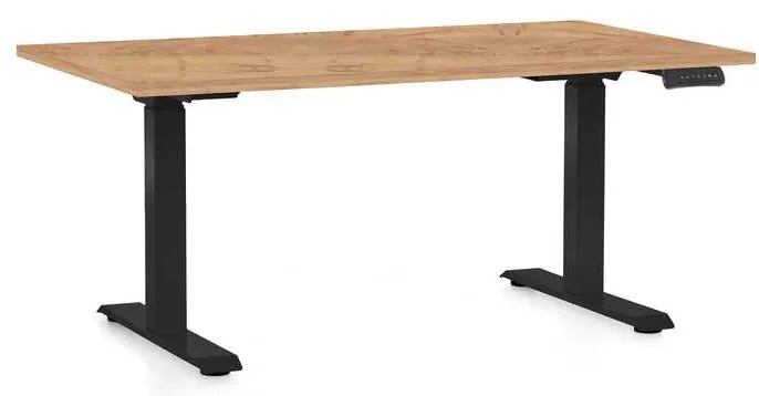 Výškově nastavitelný stůl OfficeTech D, 140 x 80 cm, černá podnož, dub kraft