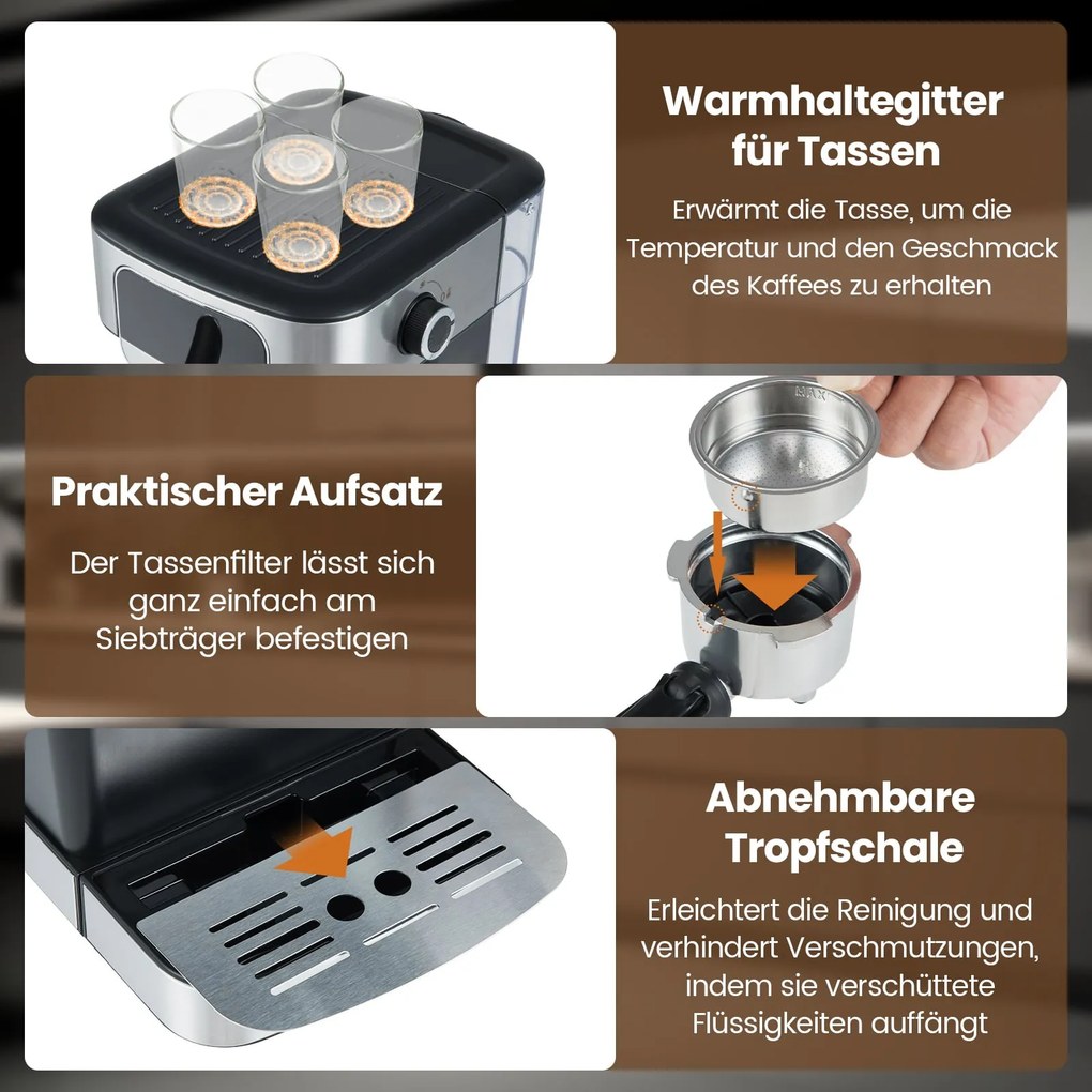 Costway Espresso kávovar 20 Bar 1200 W Espressovač s parním napěňovačem mléka 18