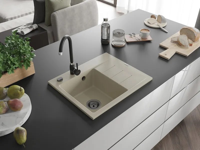 Mexen Ben, 1-komorový granitový dřez 600x500x190 mm, levý + černý sifon, béžová, 6522605000-69-B