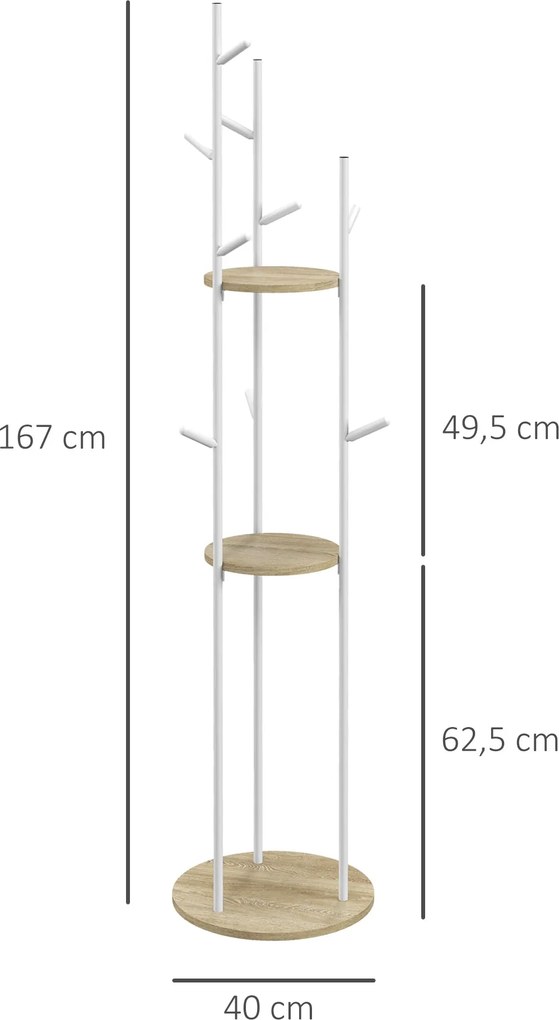 HOMCOM Volně stojící věšák na kabáty - ocelový s 9 háčky a 2 kulatými policemi - Ø 40 x 167 cm přírodní a bílý