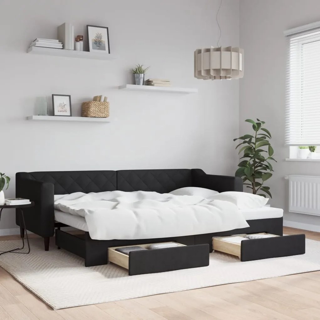 Válenda s přistýlkou a zásuvkami černá 80 x 200 cm textil 3197459