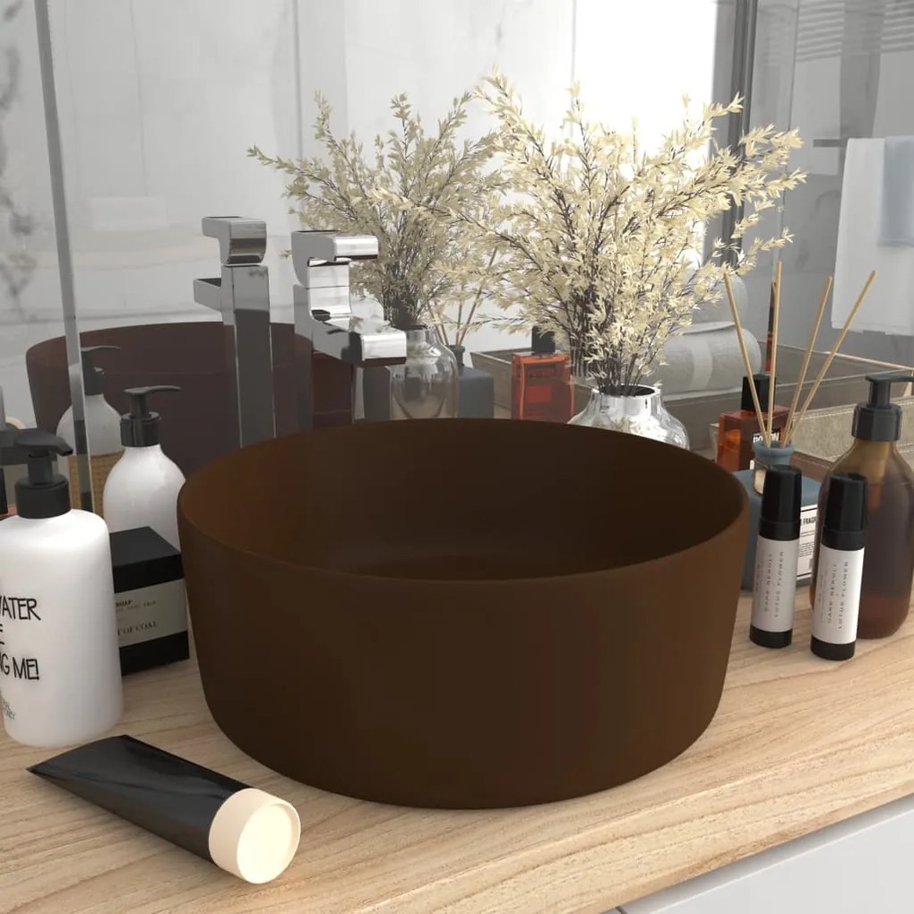 Luxusní umyvadlo kulaté matné tmavě hnědé 40 x 15 cm keramické 147017