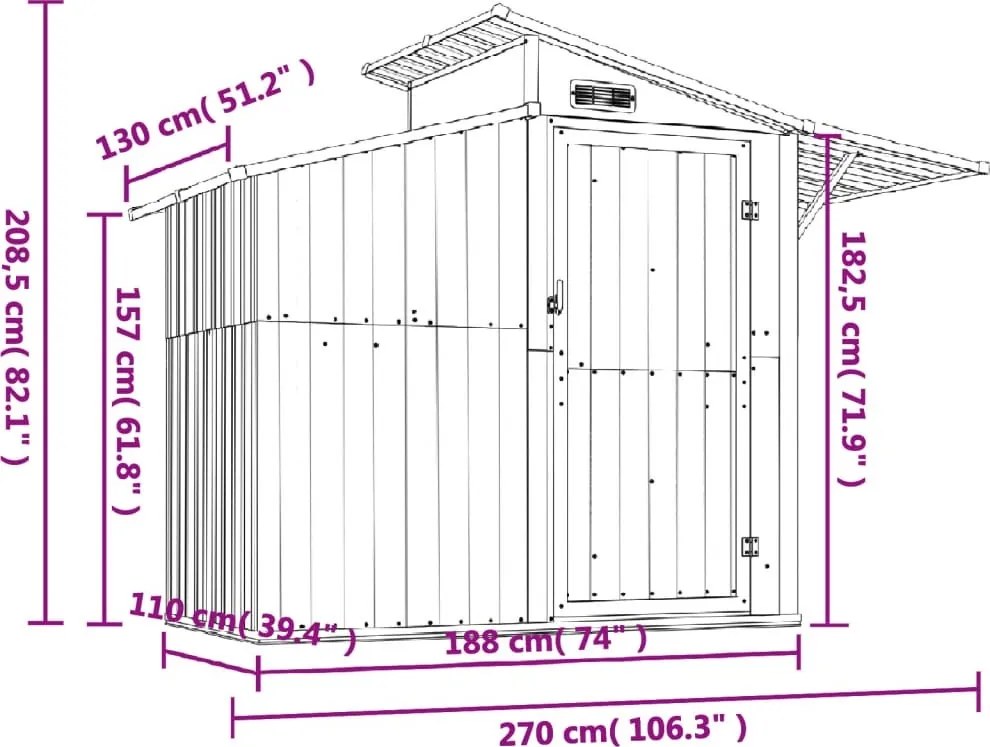 vidaXL Zahradní kůlna 270 x 130 x 208,5 cm pozinkovaná ocel [316244] Barva: antracitová