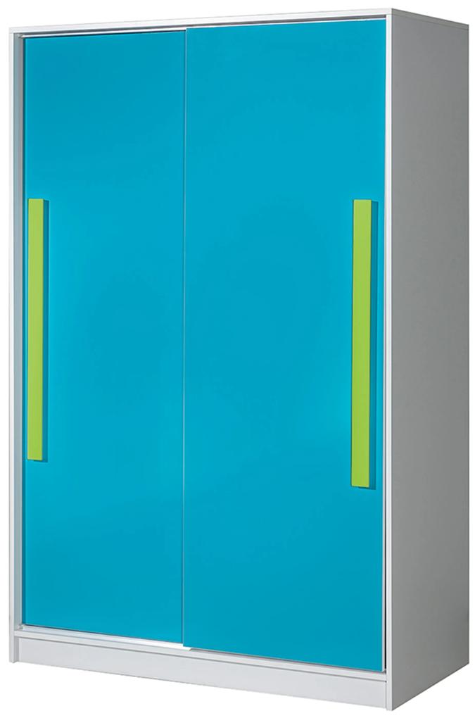 Šatní skříň s posuvnými dveřmi GULIVER 12 Domel 120/191/60 barva: bílý mat/tyrkys lesk/modré úchyty