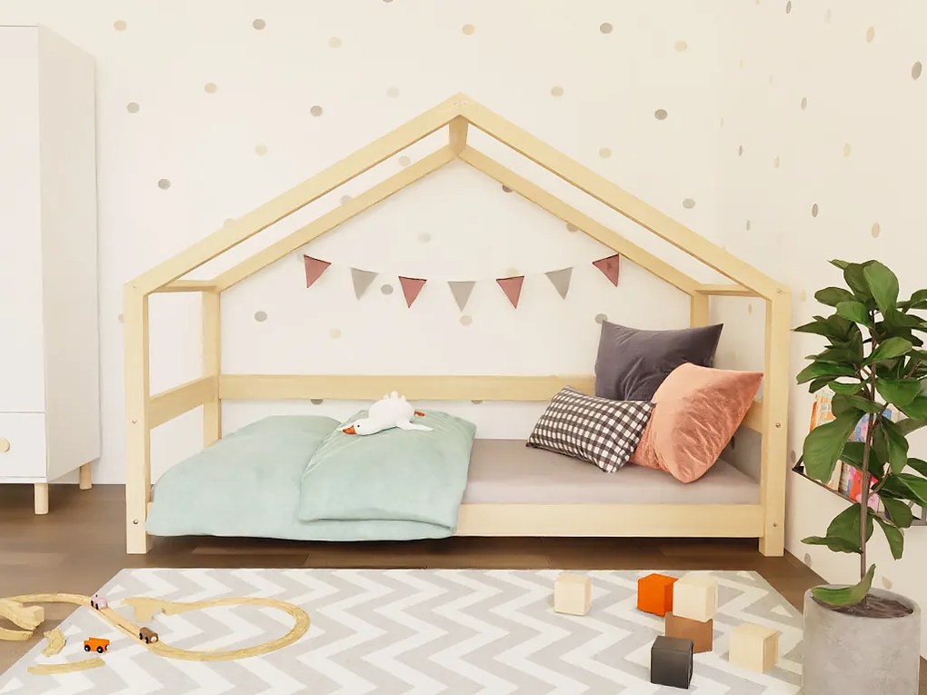 Benlemi Dětská postel domeček LUCKY se zábranou Zvolte barvu: Béžová, Zvolte rozměr: 120x180 cm, Zvolte zábranu: S jednou zábranou