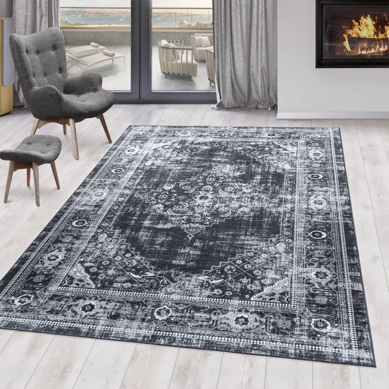 Ayyildiz, Kusový koberec Fiesta 4301 black, 140x200, černobílá, chodba / předsíň